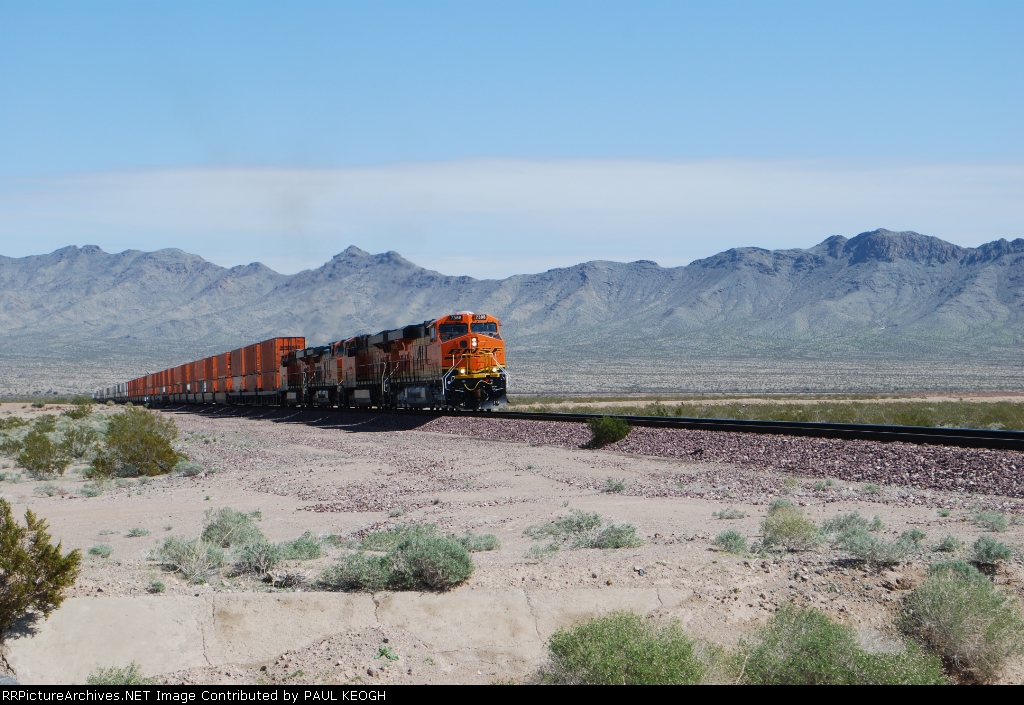 BNSF 7388 leads the ZKCK-SBD stack train west as she climbs the grade out of Needles, Ca.